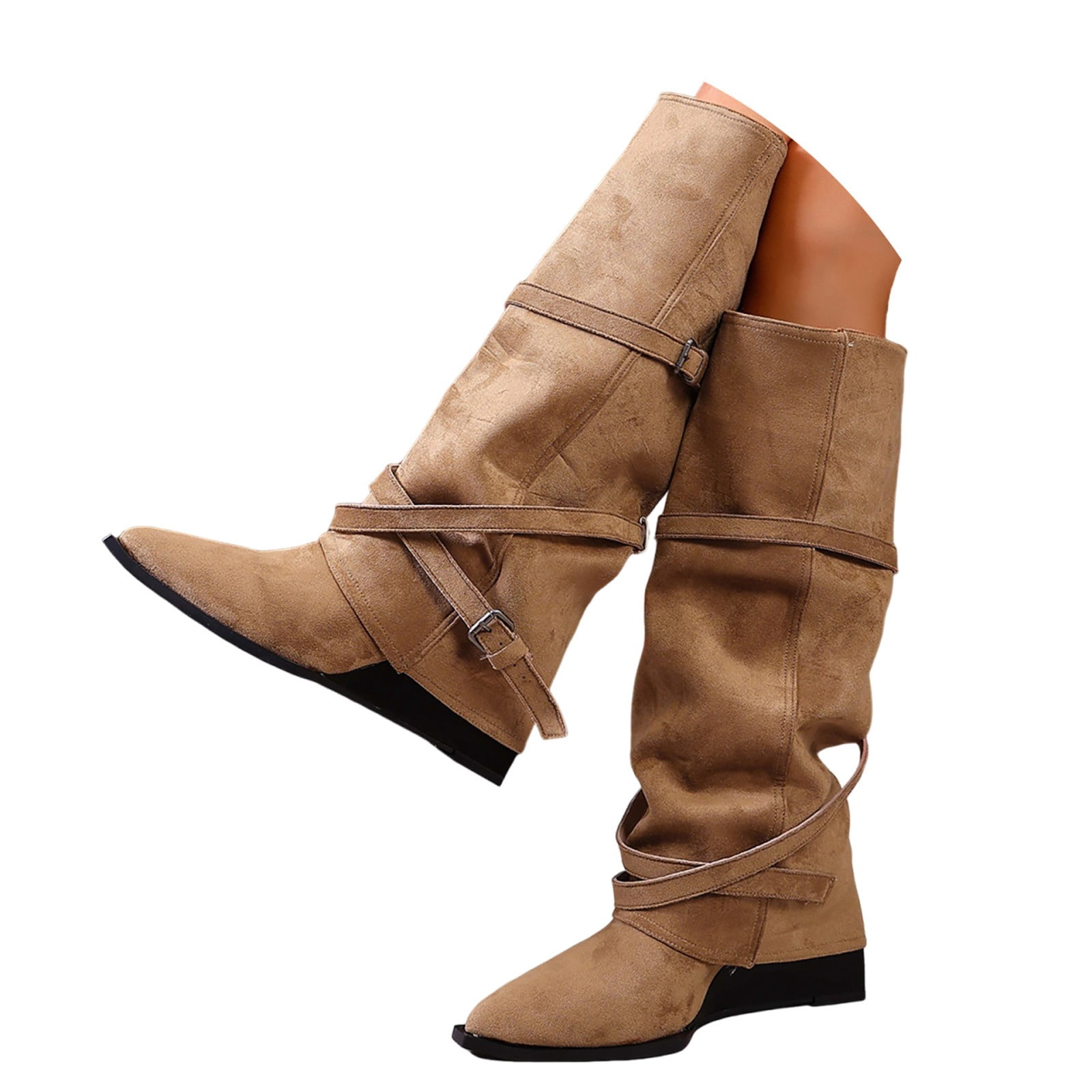 FUZHIQ Knee High Boots Women Fold Over Boots Women Flat Heel Mid Calf ...