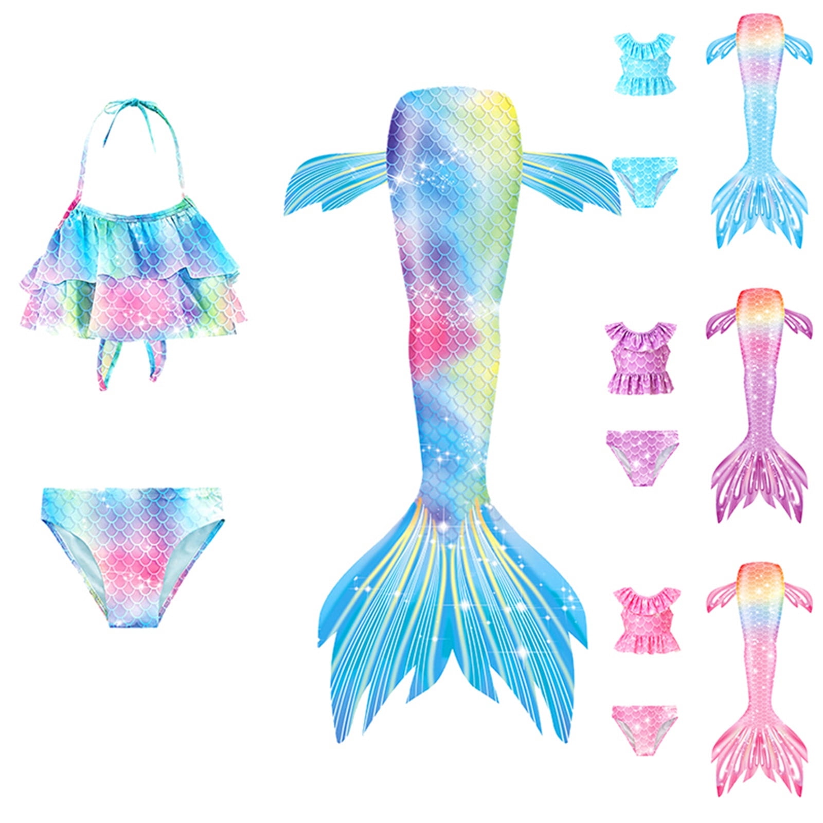 FUZHIQA Kid Girl Tail 3PCs Blue Swimsuit Tail Swimsuit Girls Swimsuit ...