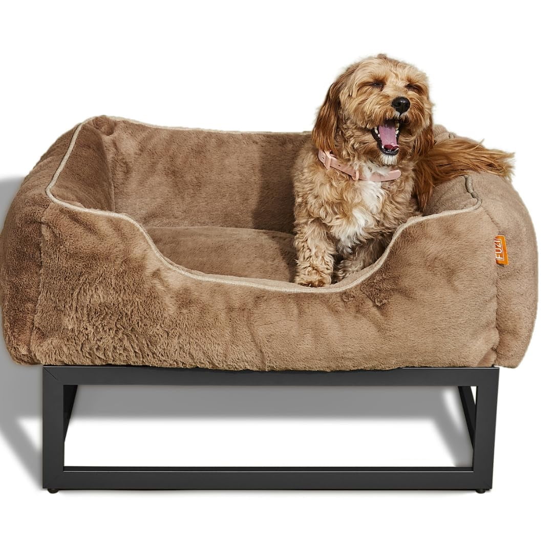 The FÜZI Luxury Elevated Dog Bed-Pet Bed for Small Dogs-Lt Brown Plush ...