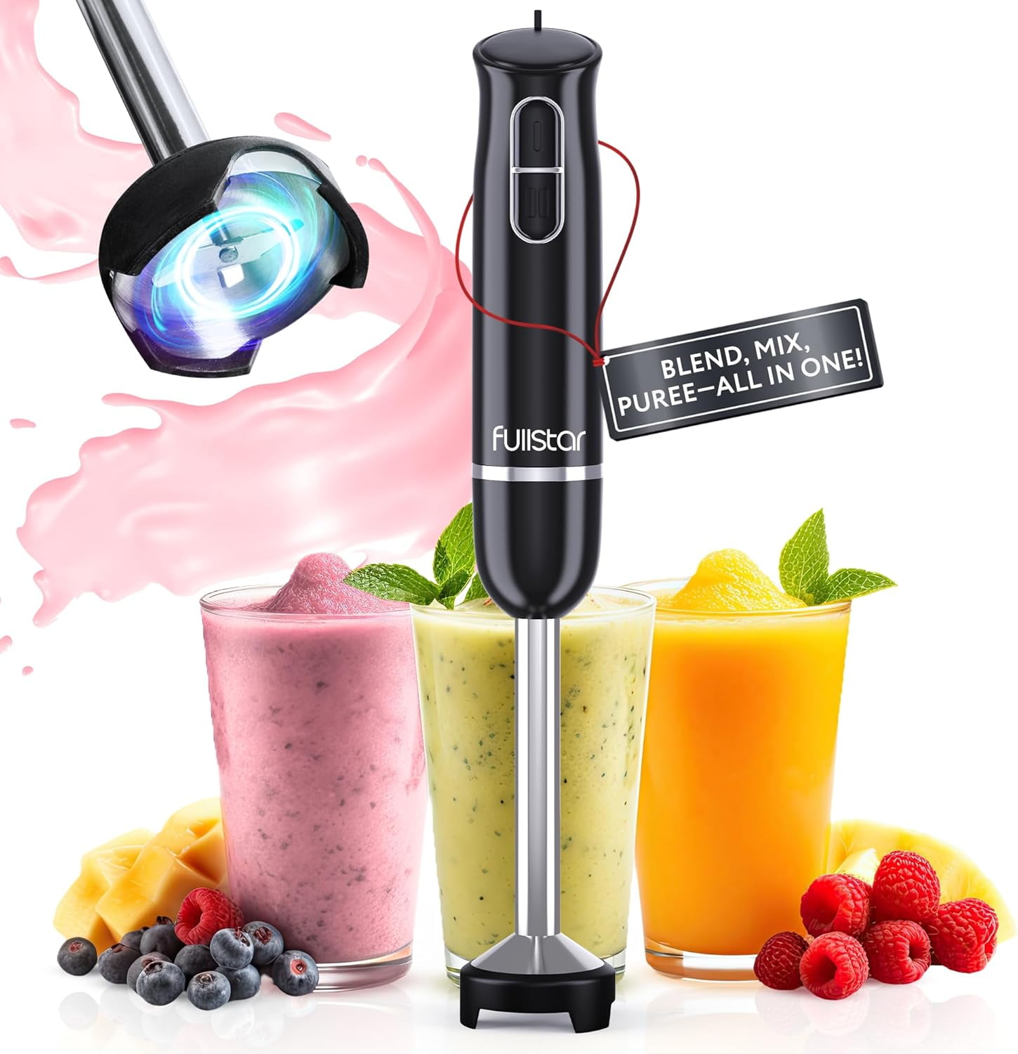 FUZILIN Black 300W Immersion Hand Blender Set - Electric Stick Mixer ...