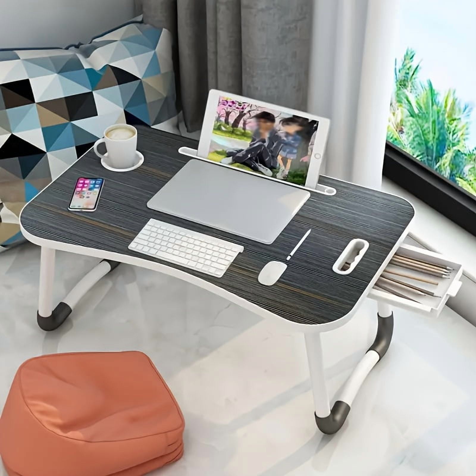 FUZILIN Light Wood Foldable Laptop Desk with Cup Holder & Tablet Slot ...