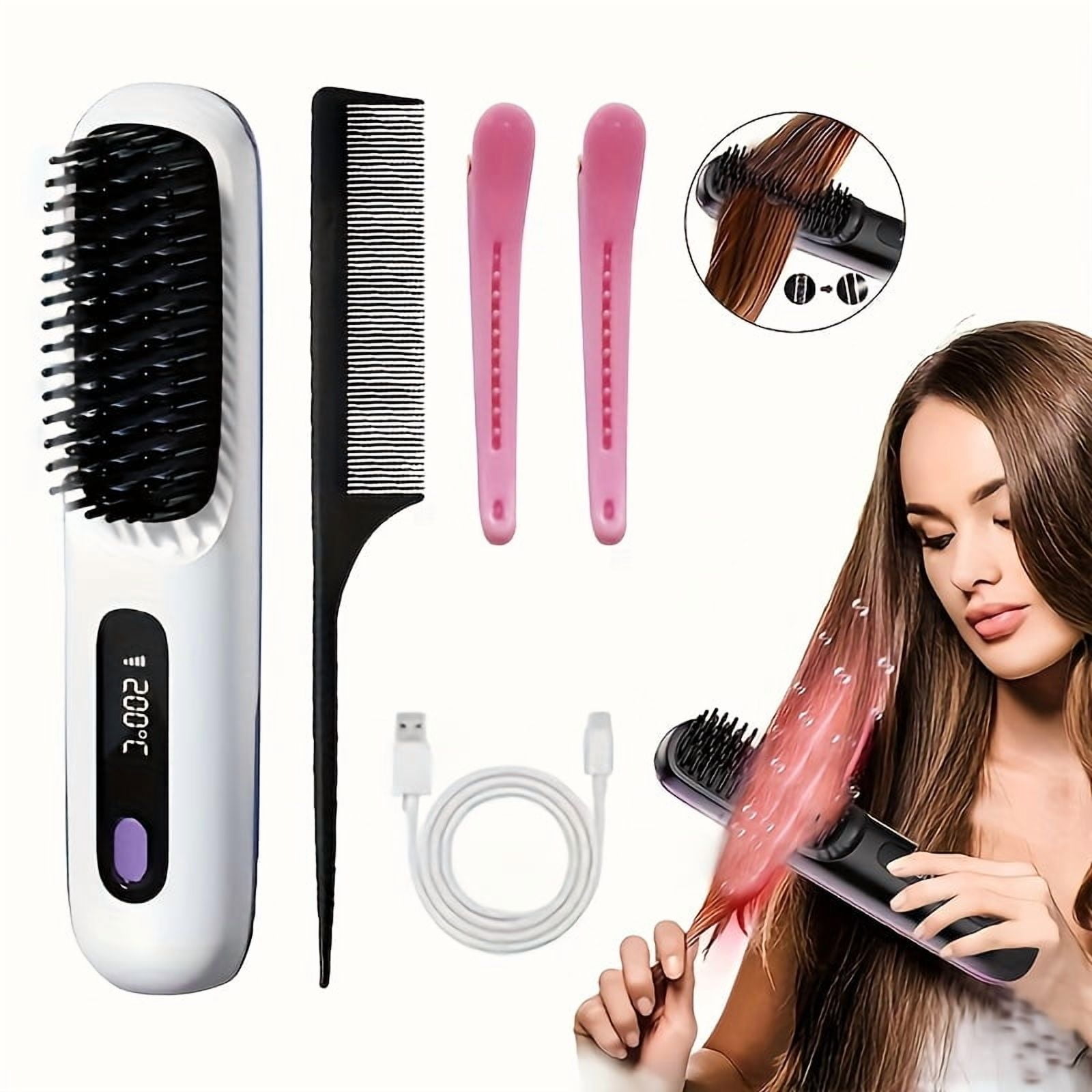FUZILIN Portable Wireless Hair Straightener Comb - USB Charging, 3-Temp ...