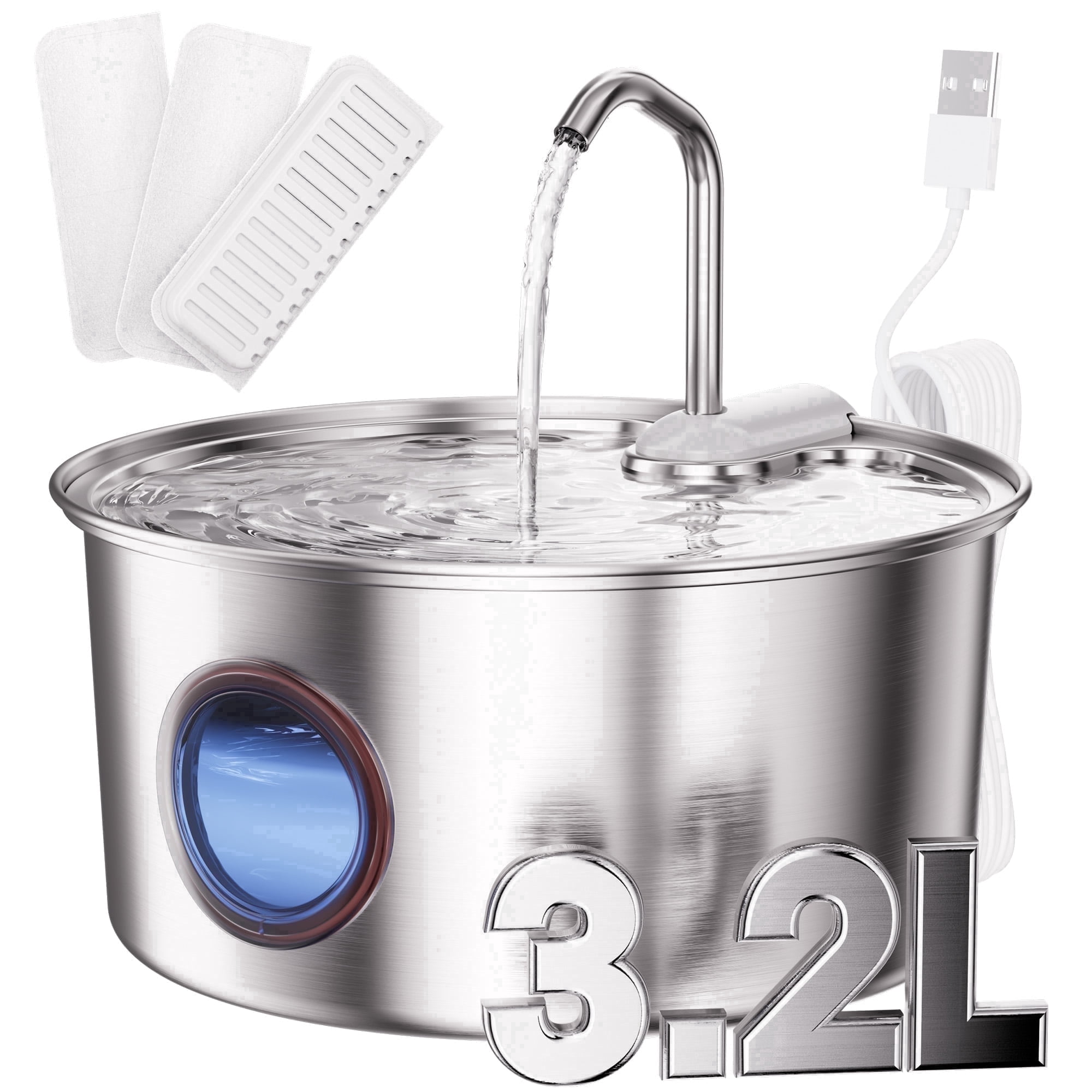 FWMB Cat Water Fountain: Stainless Steel, 3.2L/108 oz, Removable Bowl ...