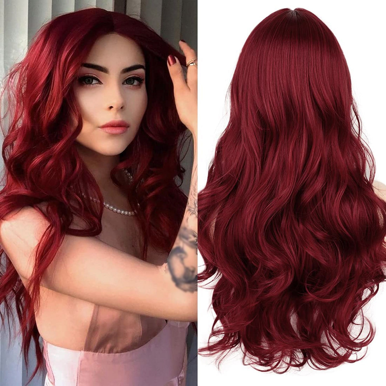 FWYOUNG Long Wine Red Lace Front Wig For Women Middle Parts Long Wavy ...