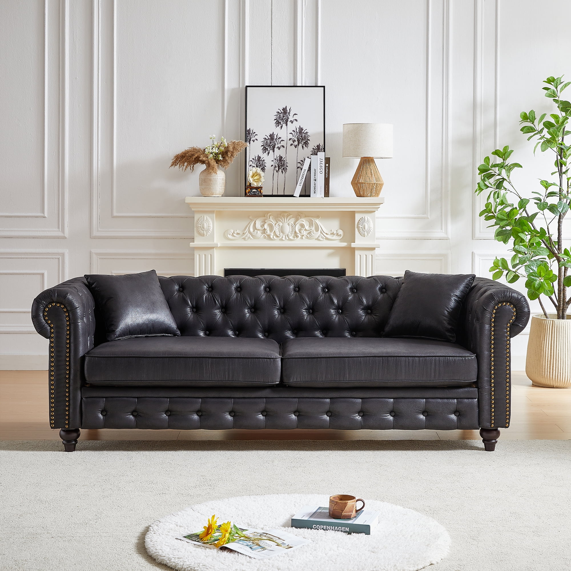 FX 85.5" Tech Fabric Chesterfield 3-Seater Sofa, Rolled Arms with ...