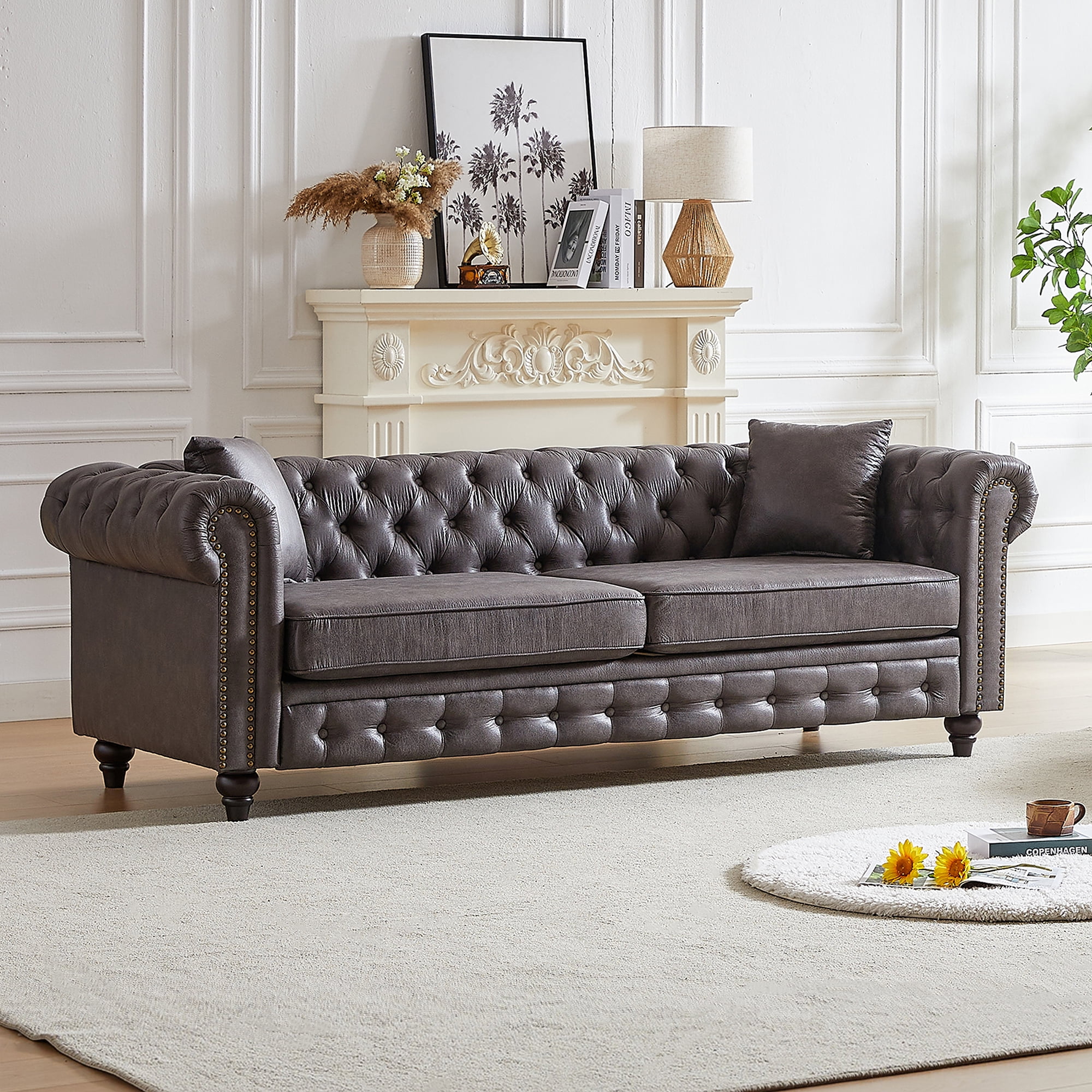 FX 85.5" Tech Fabric Chesterfield 3-Seater Sofa, Rolled Arms with ...