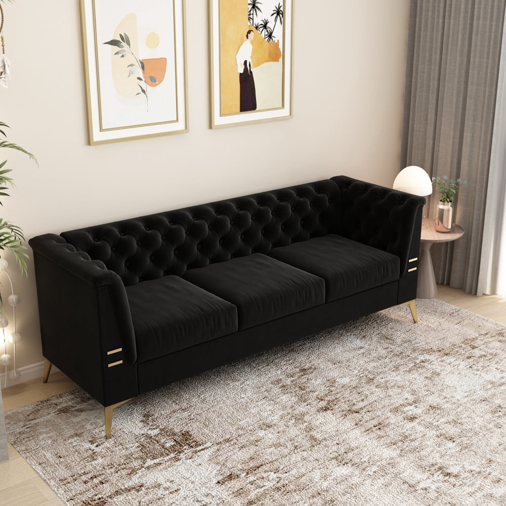 FX-P83-BK2(SOFA WITHOUT PILLOWS) Luxurious Black Velvet Sofa with Gold ...