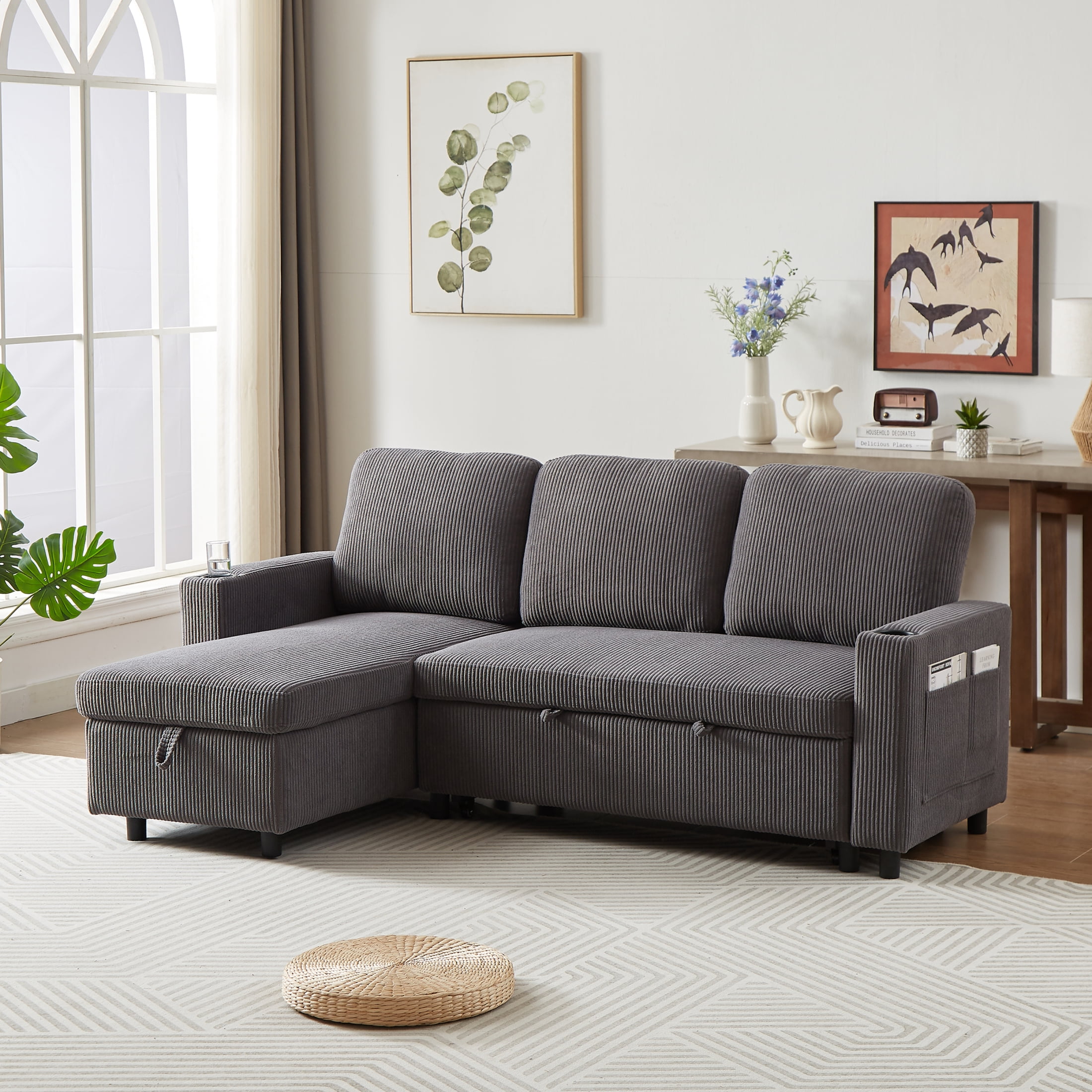 FX78.7" Comfortable Corduroy L-Shaped Combo Sofa Bed, Living Room ...