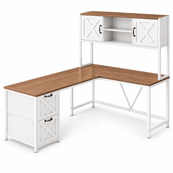 FXJ Reversible 62.2-Inch Farmhouse L-Shaped Computer Desk with Drawers ...