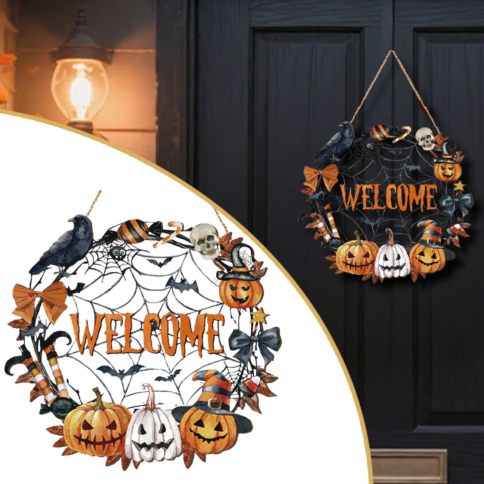 FXMLRLK 1 Pack Halloween Welcome Door Sign Wood Vintage Rustic Hanging ...