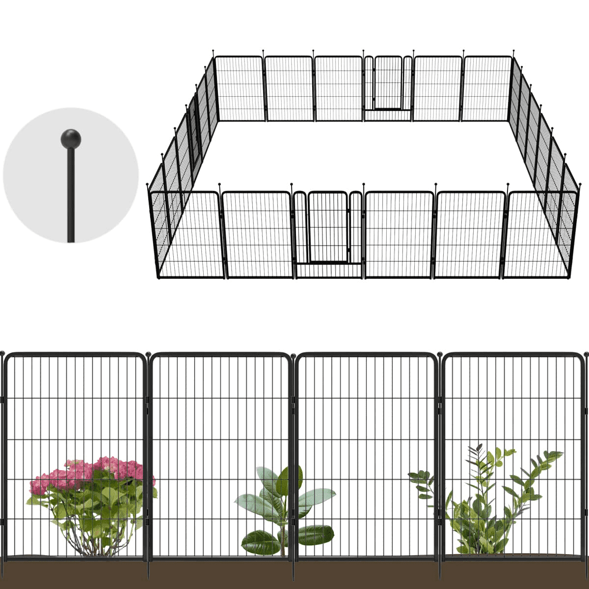 UNHO Rustproof Wrought Iron Garden Fence, 5-Panel Outdoor Flower Bed ...