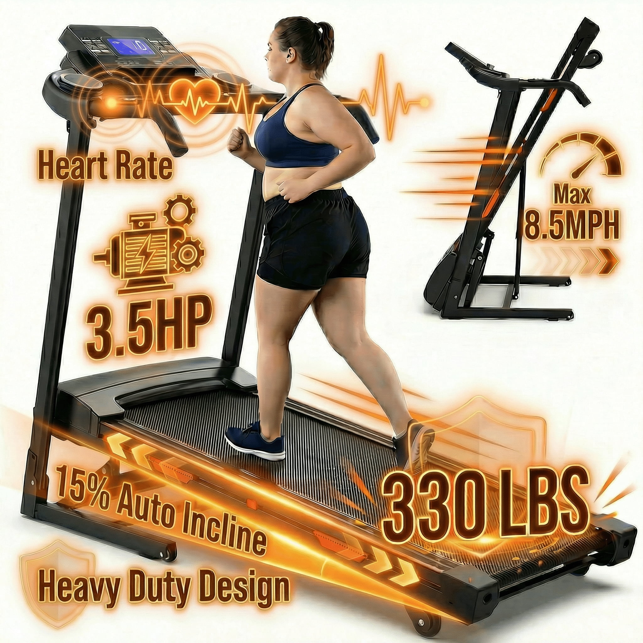 FYC Electric Folding Treadmill, 330LBS Capacity, 15% Incline, 3.5HP, 8 ...