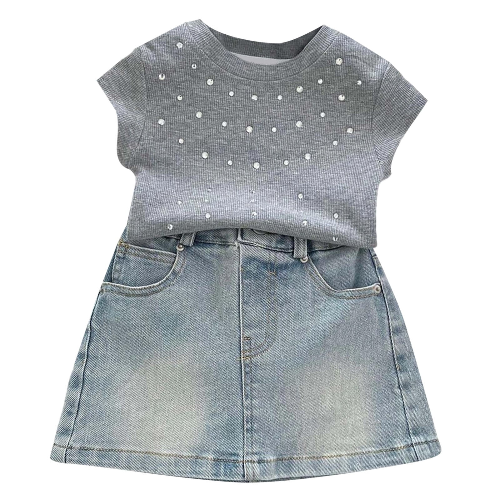 FYDUU Girl's 2 Piece Outfit Fashion Denim Skirt Set For Girls Summer ...