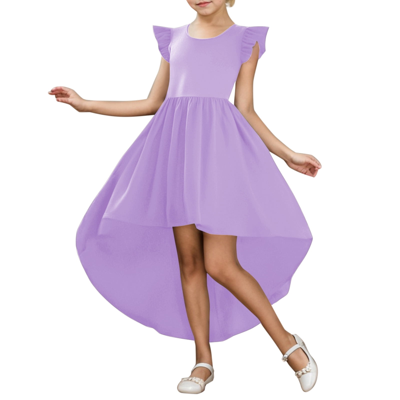 FYDUU Girls Elegant Dresses Girls Summer Flapper Sleeve High And Low ...