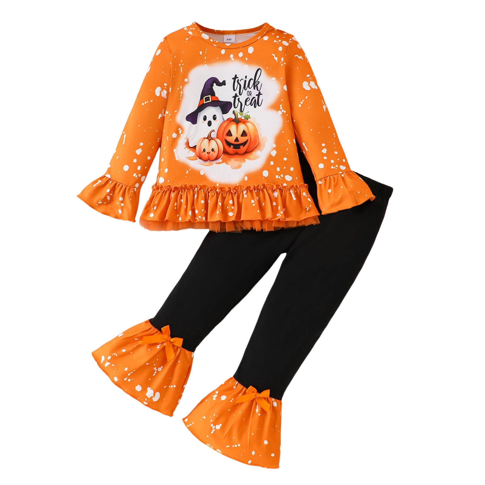 FYDUU Girls Halloween Outfit Set Cute Pumpkin Print Long Sleeve Blouse With Lace Trim Flared ...