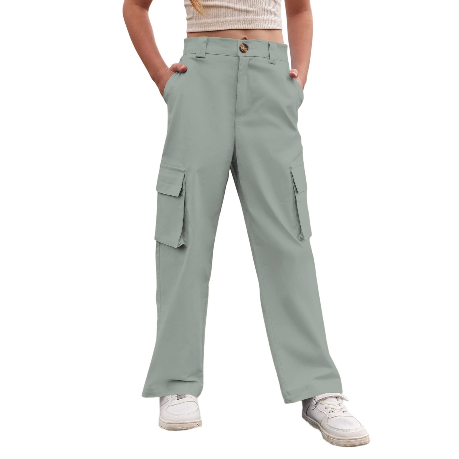 FYDUU Kids Girls Casual Pants Girls Cargo Pants Wide Leg Trousers ...