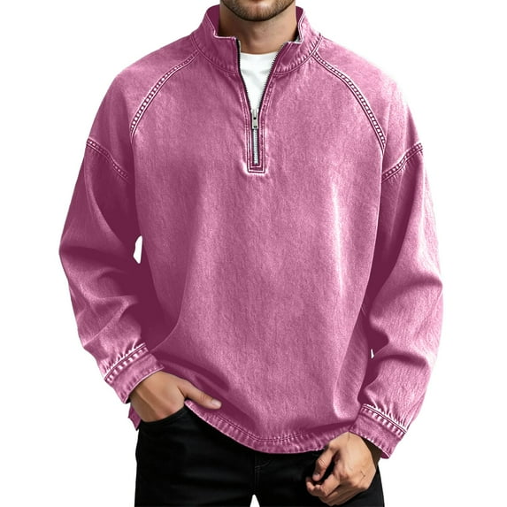 FYDUU Mens Quarter Zip Pullover Retro Zipper Stand Collar Long Sleeve ...