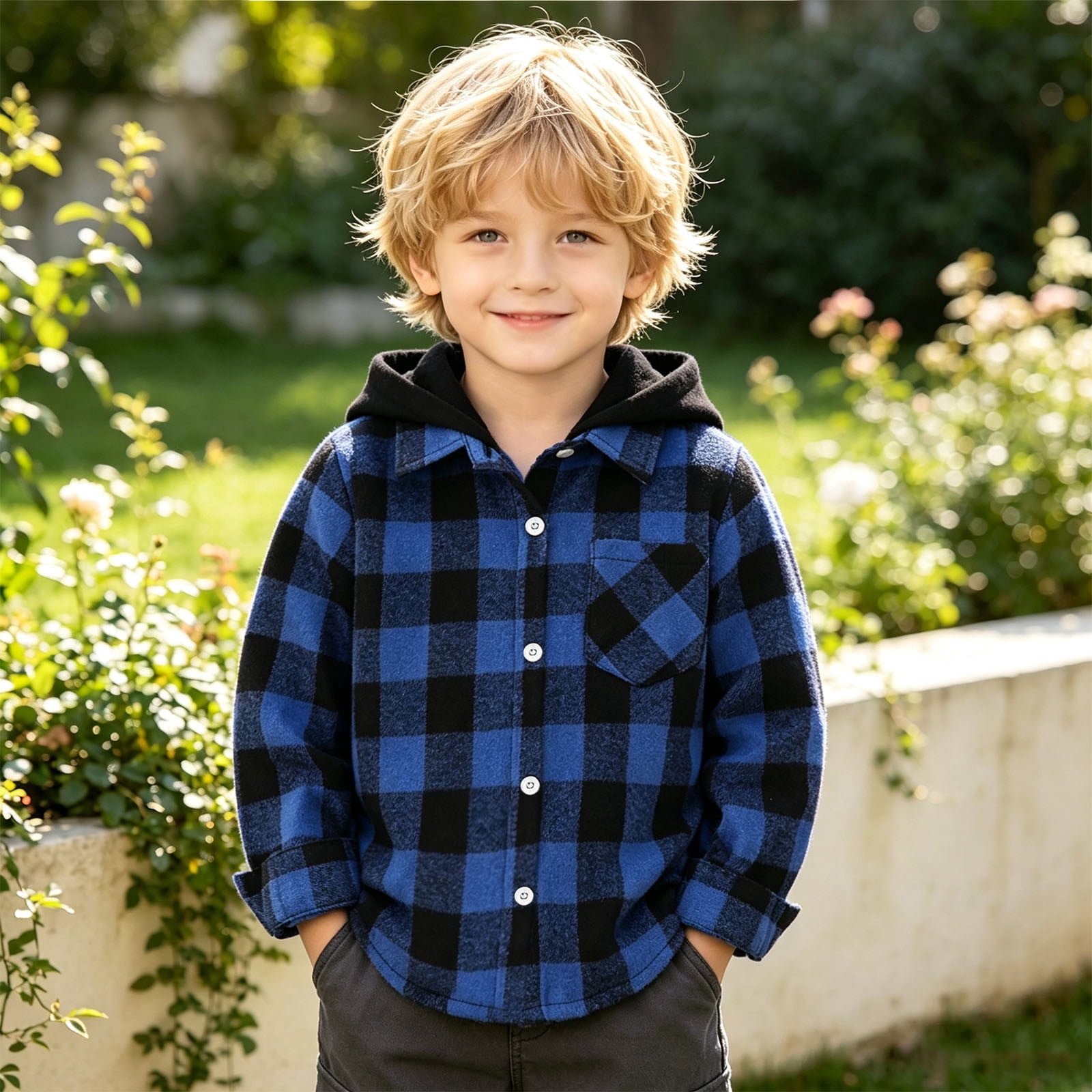 FYDUU Toddler Baby Boys Plaid Hooded Button Down Shirt Long Sleeve Tops ...