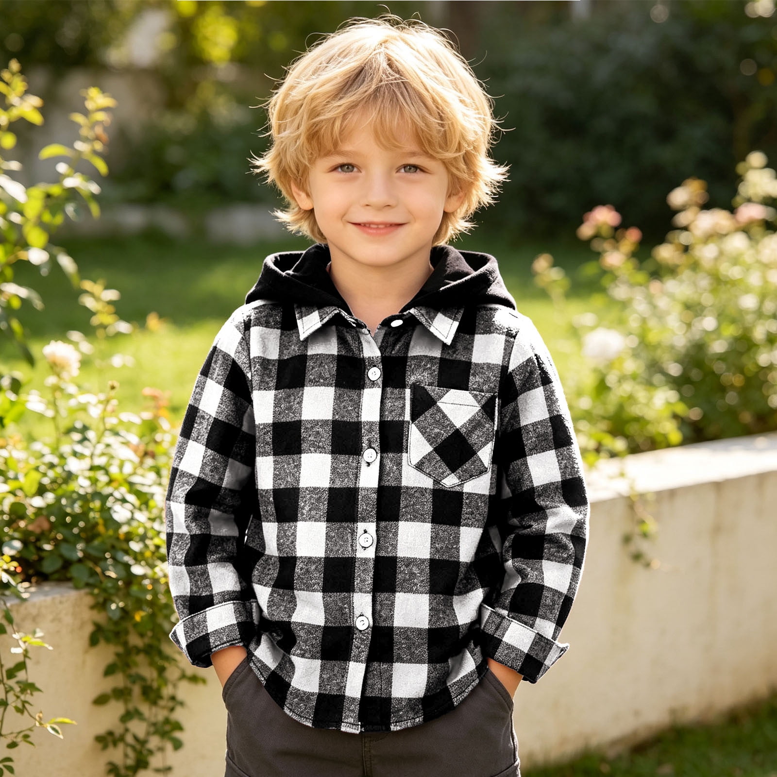 FYDUU Toddler Baby Boys Plaid Hooded Button Down Shirt Long Sleeve Tops ...