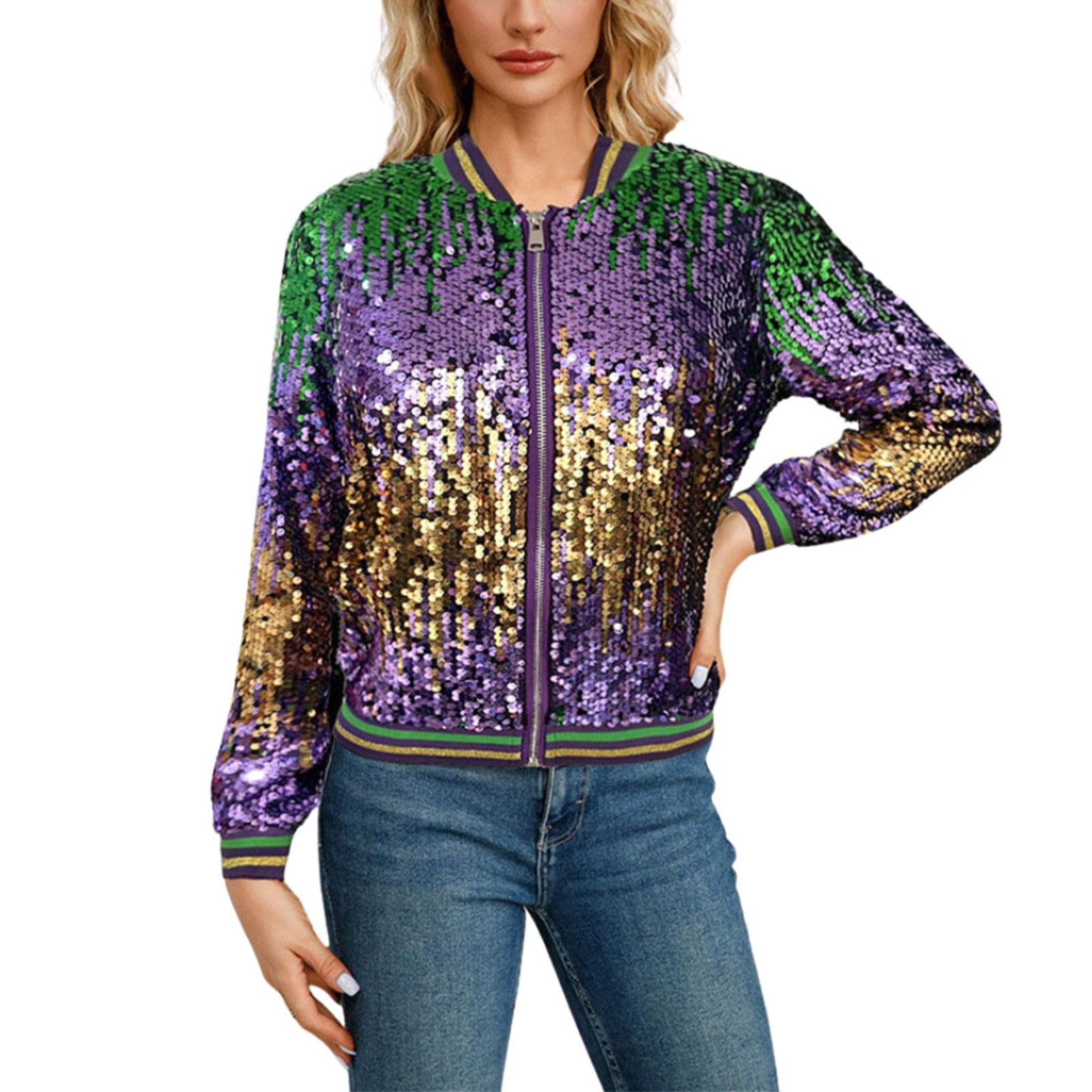 FYEGRE Mardi Gras Reversible Sequin Jacket for Women Women's Sparkling ...