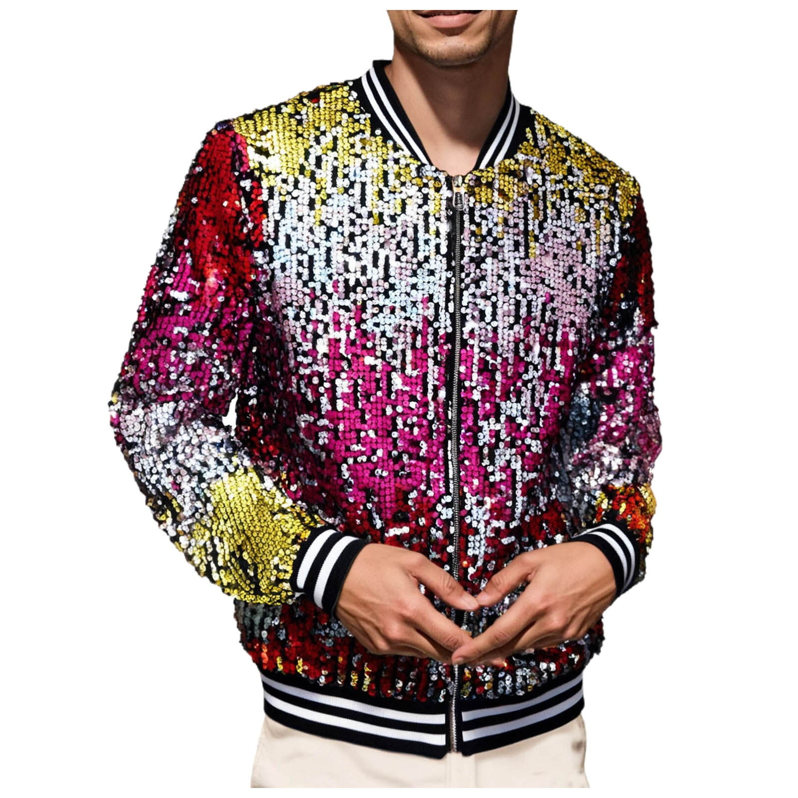 FYEGRE Men's Carnival Glitter Casual Jacket Mixed Stripe Color Block ...