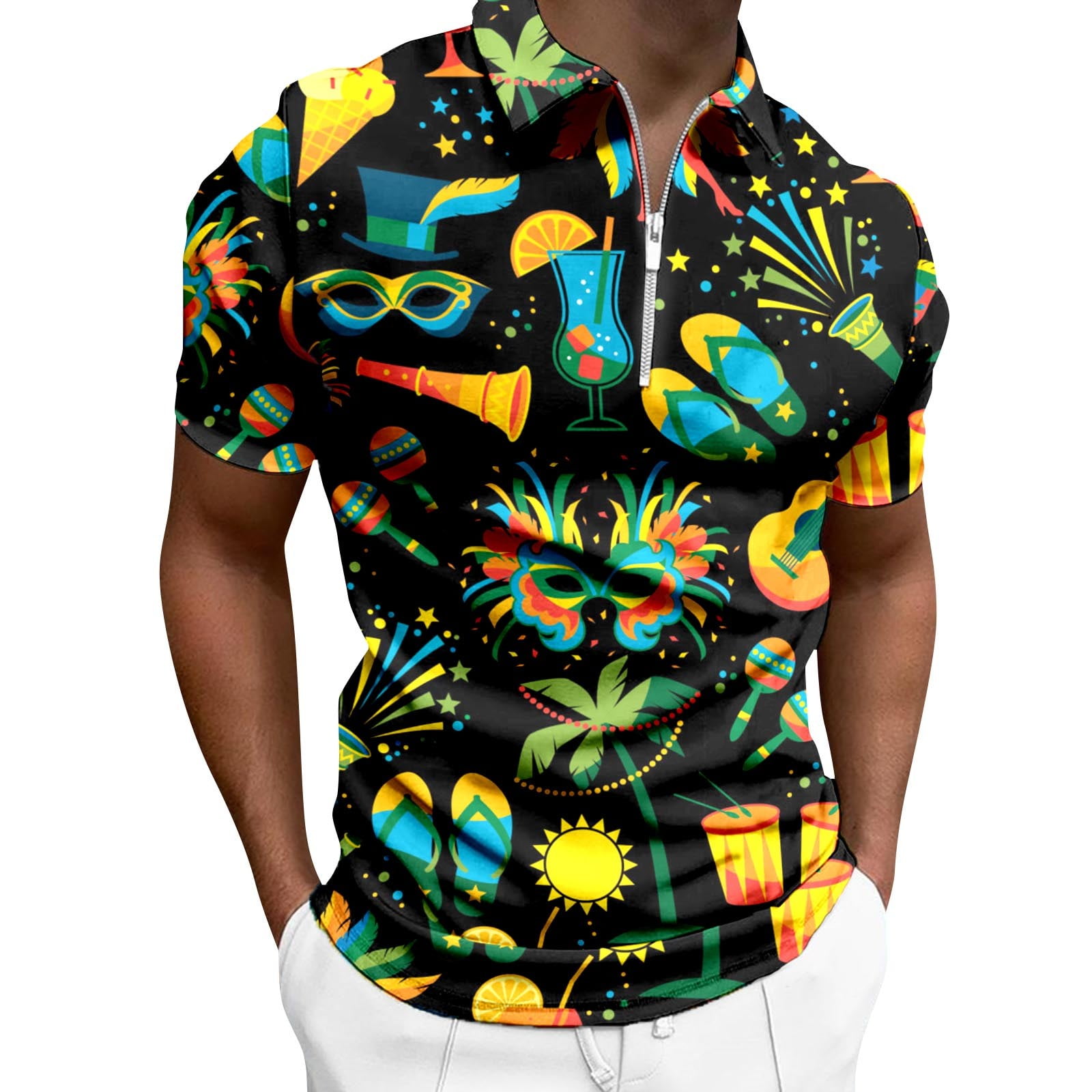 FYEGRE Men's Fashion Carnival Themed Printed Short Sleeve Zip Up Lapel ...