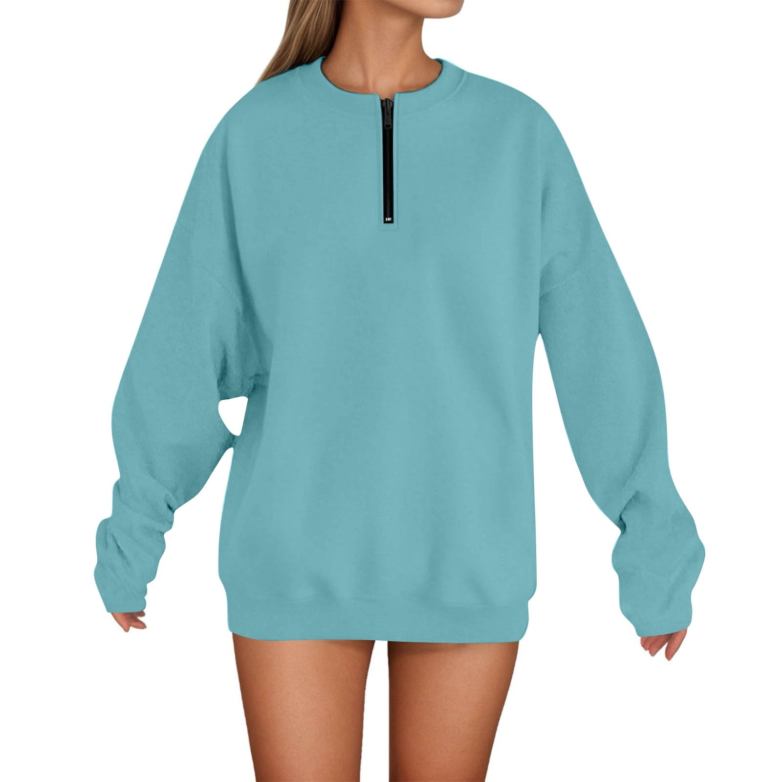 FYEGRE Women Solid Color Zipper Front Round Neck Long Sleeve Casual ...