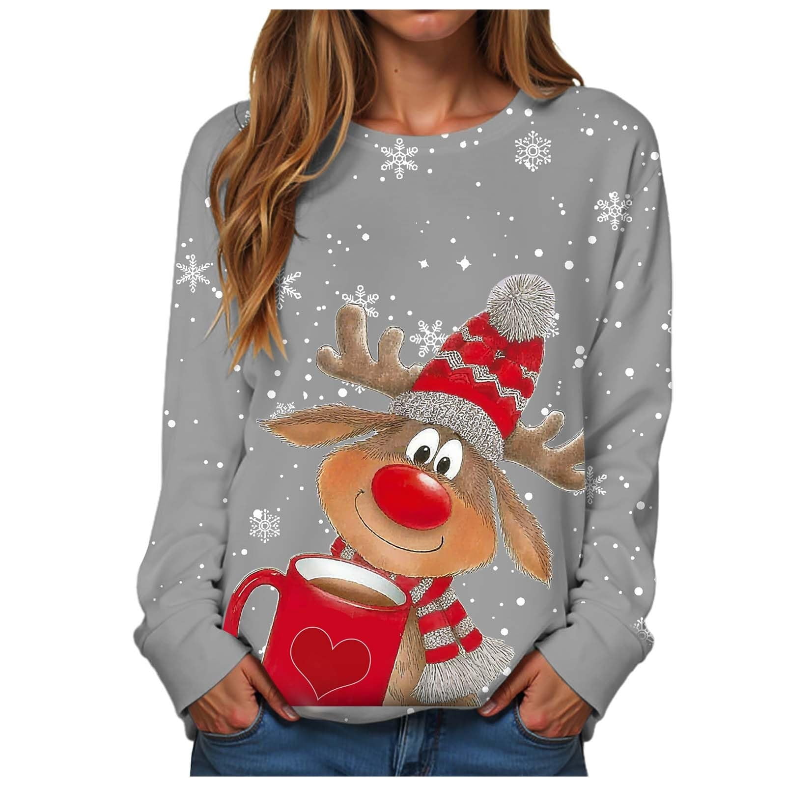 FYEGRE Women's Reindeer Print Ugly Christmas Jumper Funny Women Winter ...