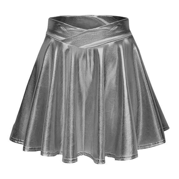 FYEGRE Women's Shiny Metallic Mini Skirt, Elastic Waist, Flared Pull-On ...