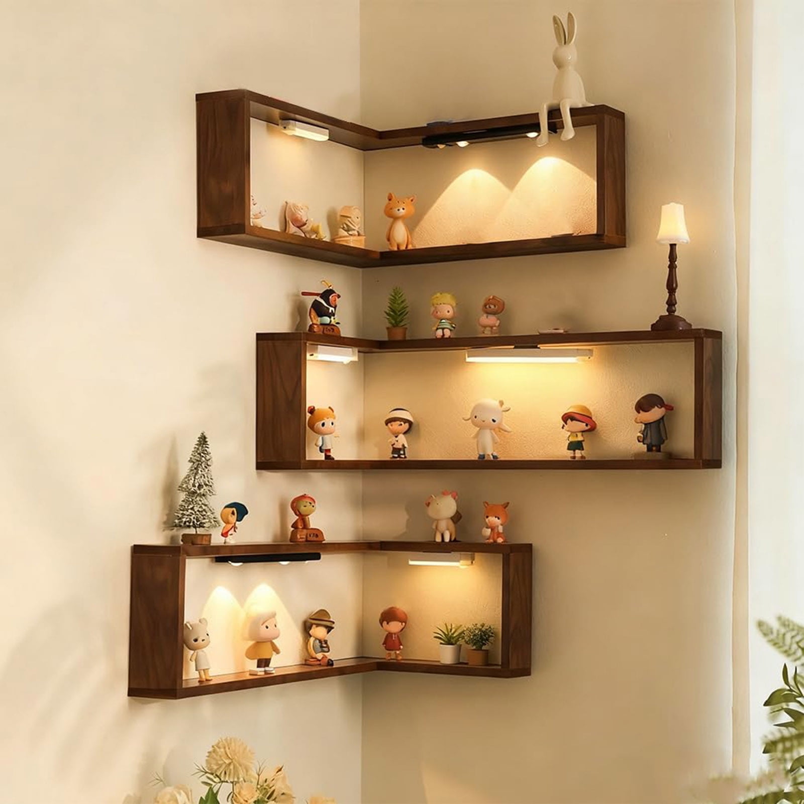 FYHALE 3 Tier Corner Shelf Stand, Illuminated Corner Shelves, Wooden ...