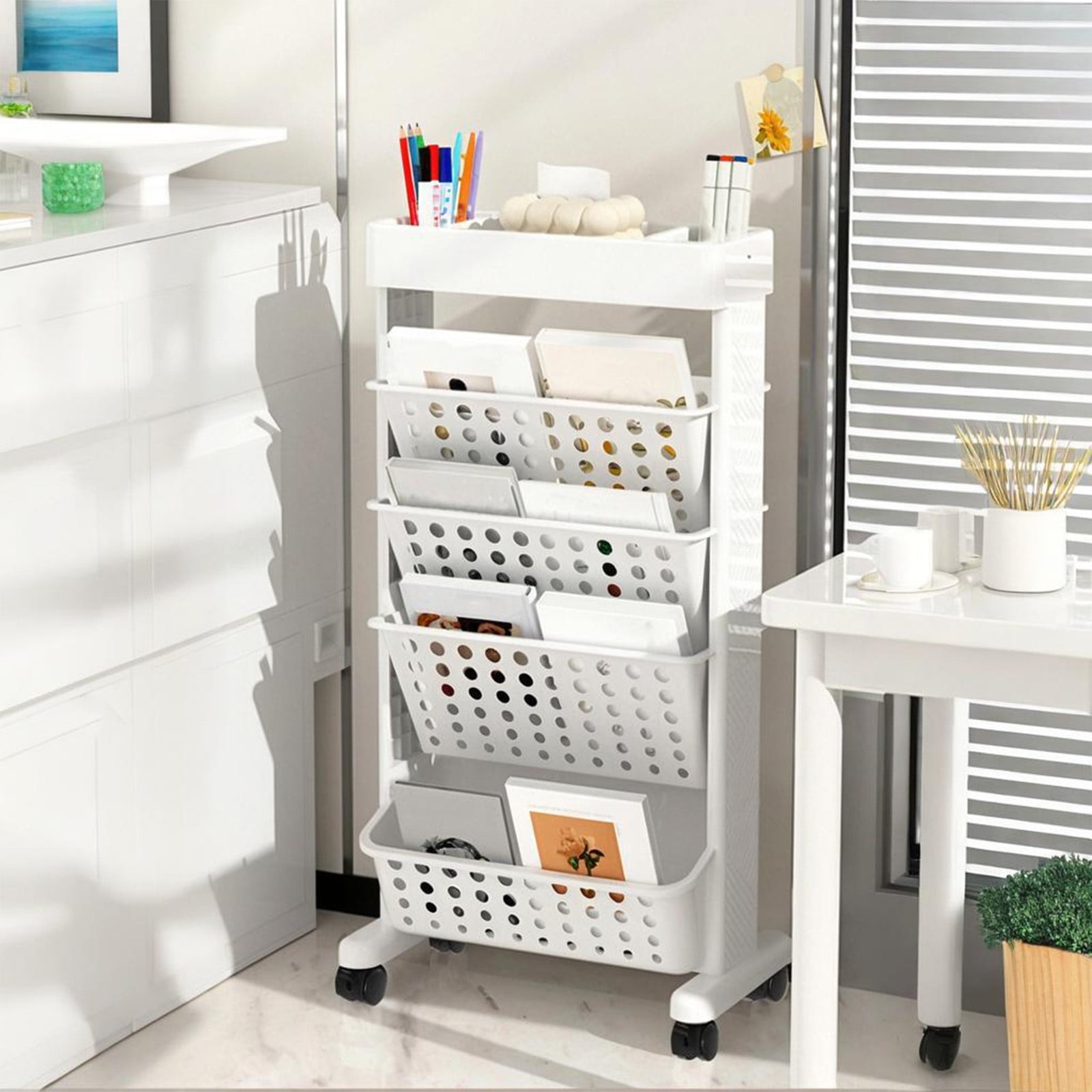 FYHALE 5-Tier Mobile Bookshelf, Rolling Bookcase Book Storage Rack ...