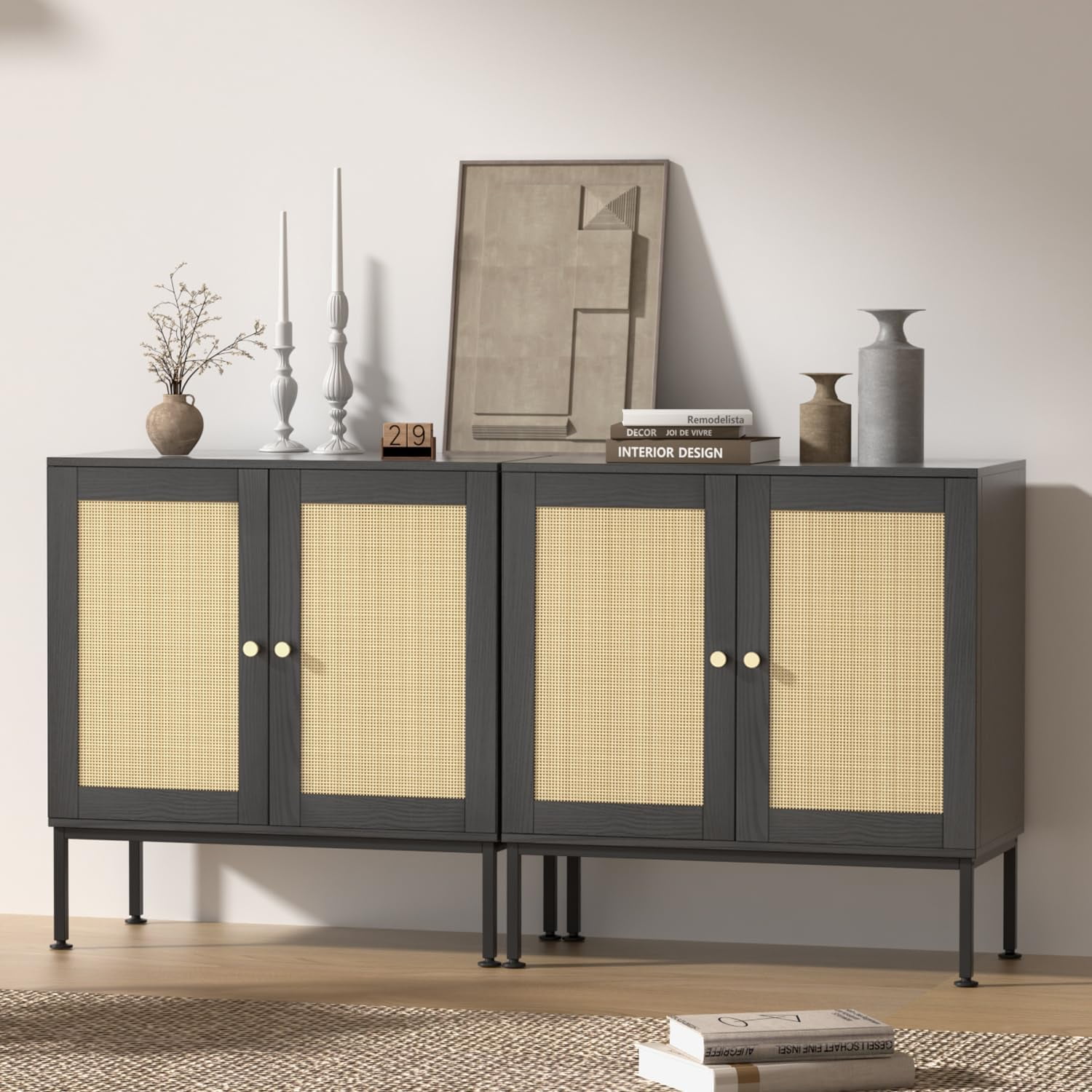 FYIVYIPONP Black Rattan Sideboard Set of 2 Rattan Storage Cabinet with ...