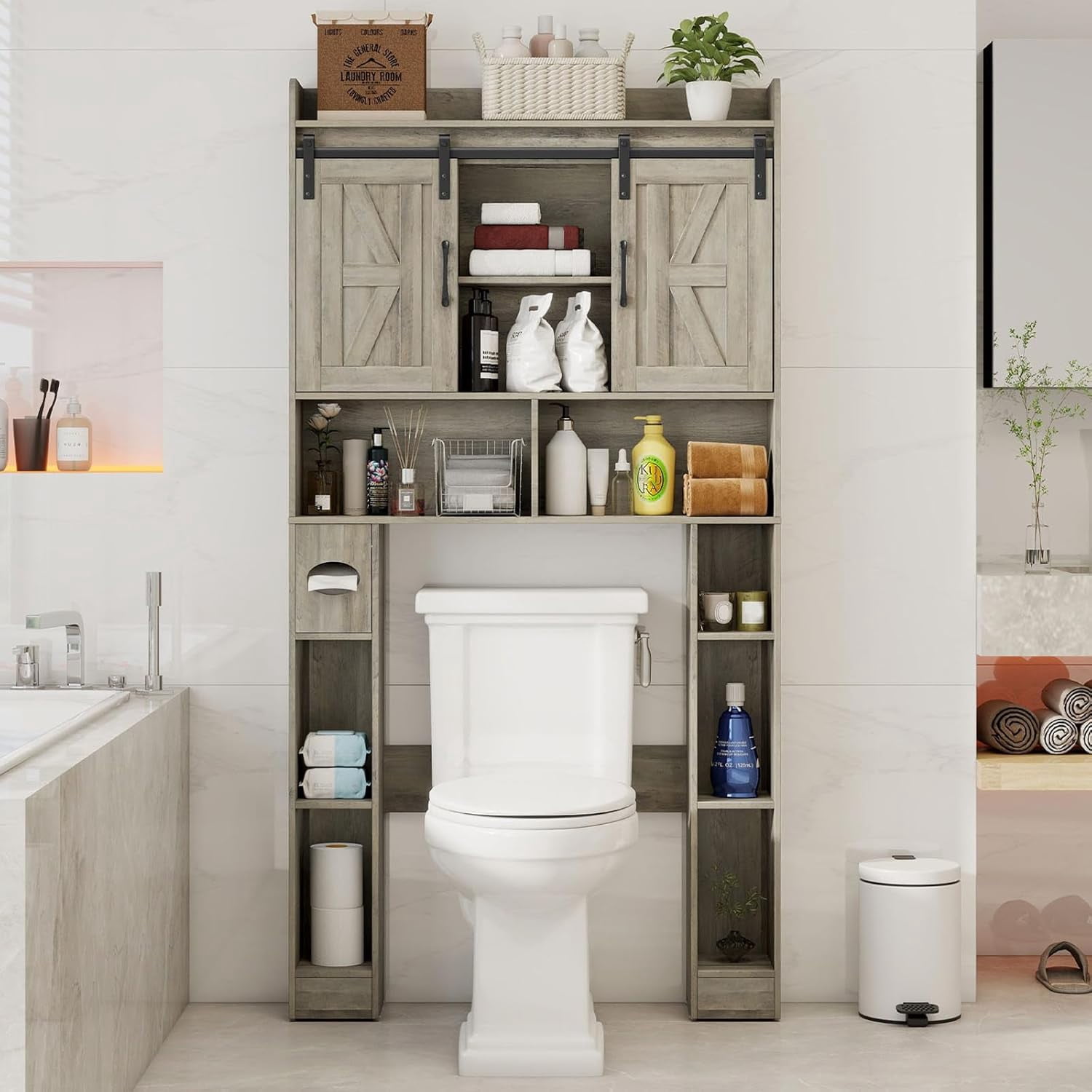 FYIVYIPONP Farmhouse Storage Cabinet Over Toilet with Sliding Doors ...