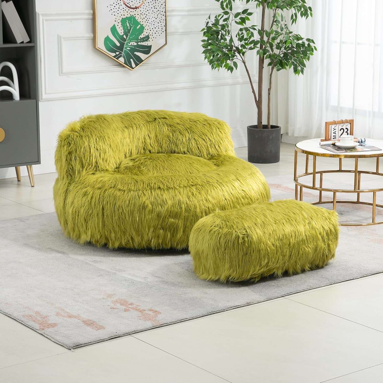 FYIVYIPONP Faux Fur Bean Bag Lazy Sofa with Footstool，Comfort Fluffy ...