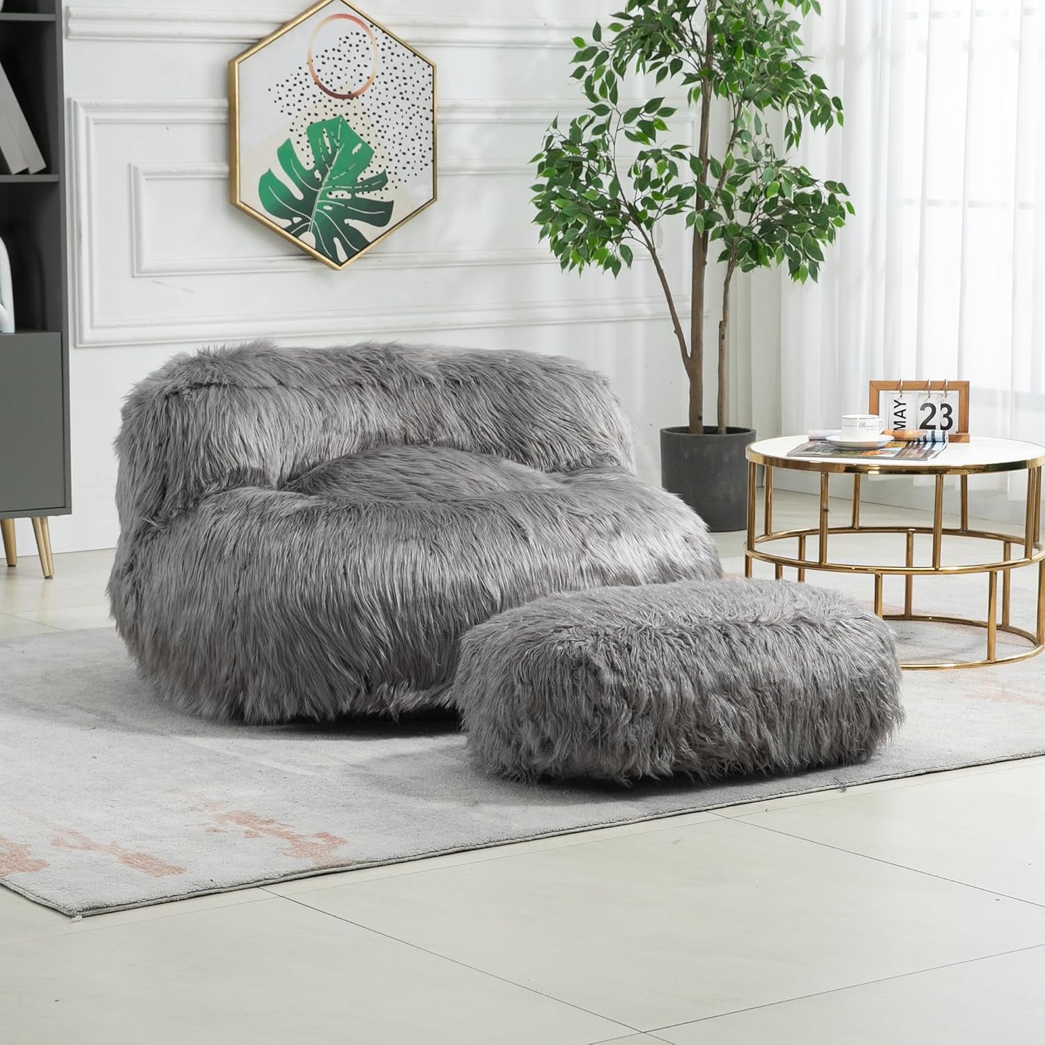 FYIVYIPONP Faux Fur Bean Bag Lazy Sofa with Footstool，Comfort Fluffy ...