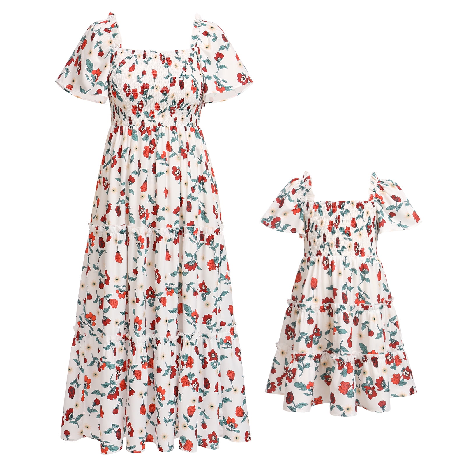 FYMNSI Womens Dress Summer Floral Smocked Midi Dress Square Neck Mommy ...