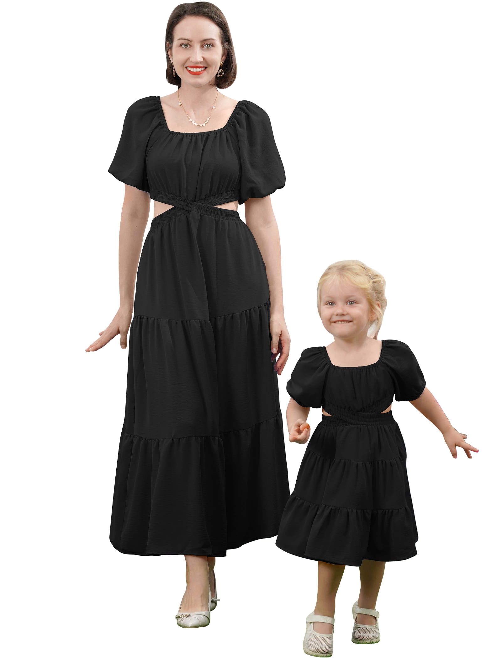 FYMNSI Mommy and Me Square Neck Dresses Solid Color Ruffled Maxi Dress ...