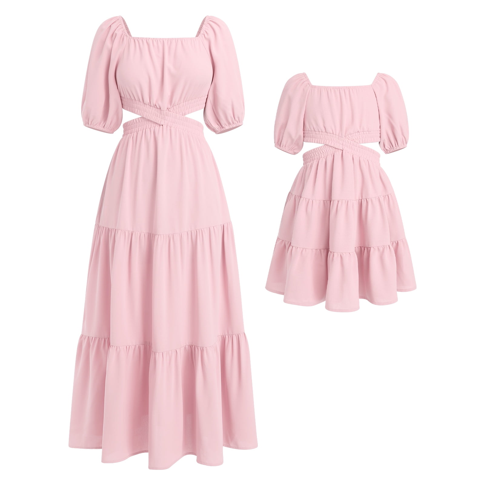FYMNSI Mommy and Me Square Neck Dresses Solid Color Ruffled Maxi Dress ...