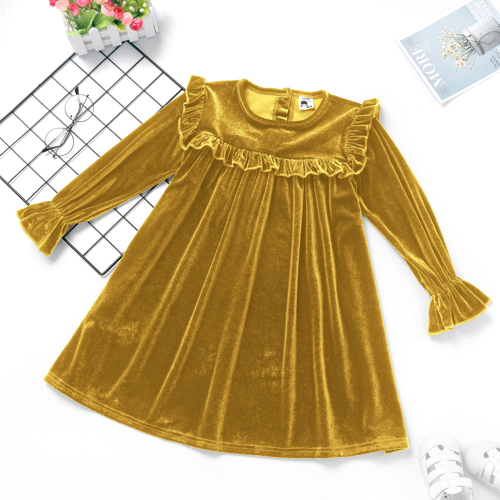 FYMNSI Toddler Baby Girl Velvet Long Sleeve Dress Ruffle Party Gown ...