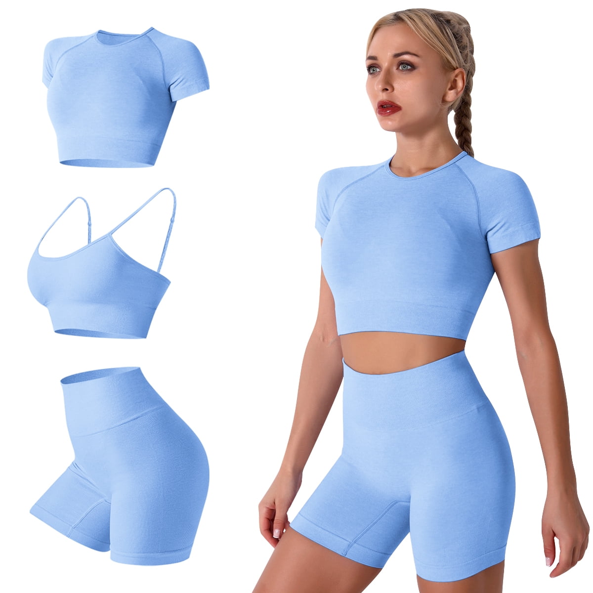 FYMNSI 3 Piece Summer Outfits Short Sets for Women Seamless Workout ...