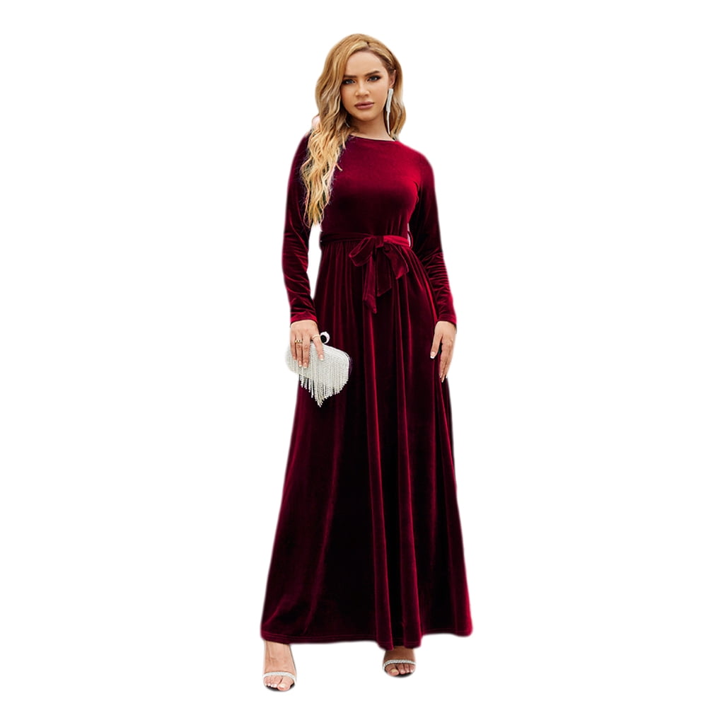 FYMNSI Women's Retro Elegant Red Velvet Evening Dress Long Sleeve Round ...