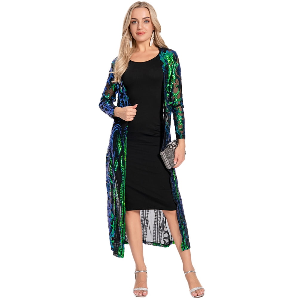 FYMNSI Women’s Sequin Jacket Mesh Duster Cardigan Glitter Sparkle Long ...