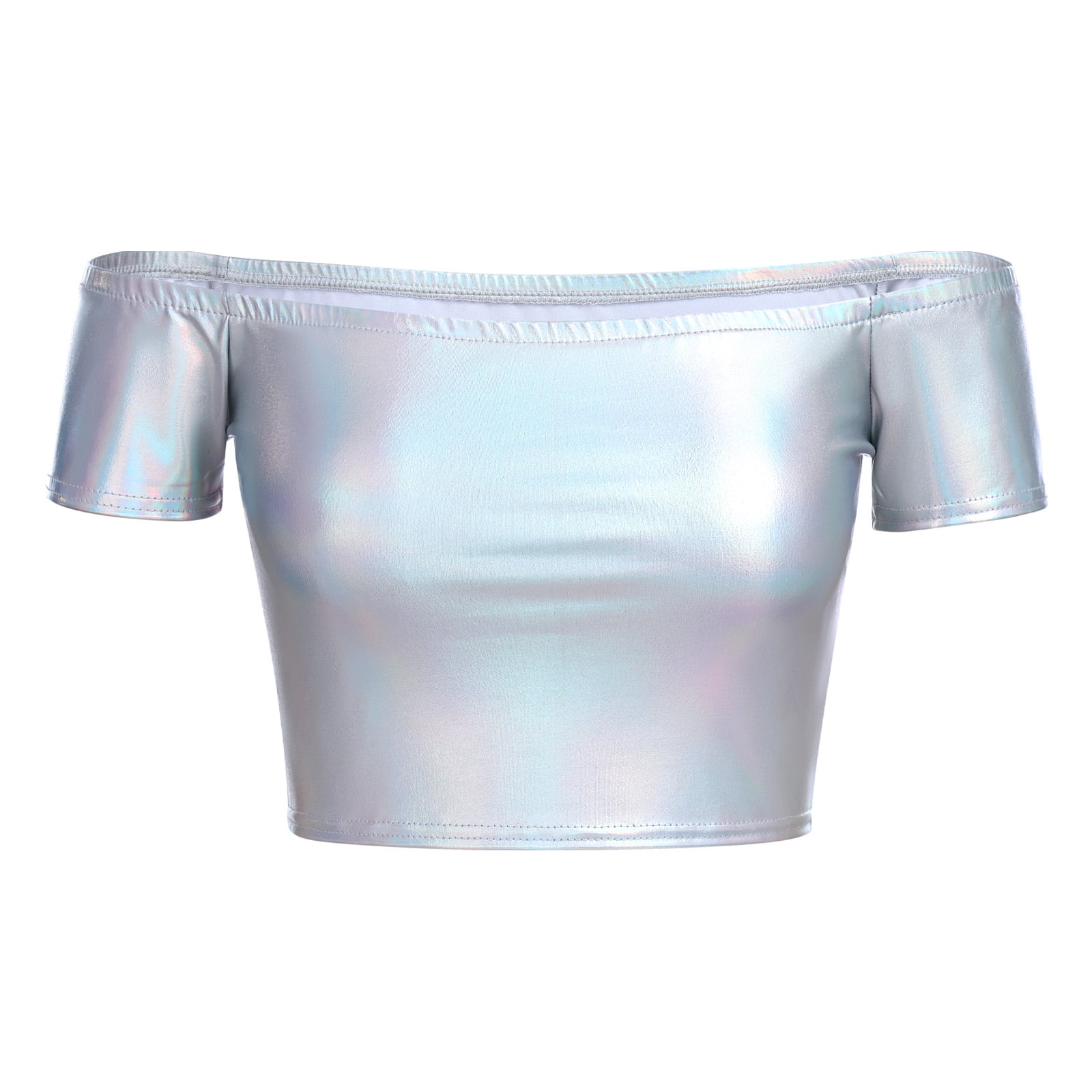 FYMNSI Women's Sexy Shiny Metallic Off Shoulder Crop Tube Top Strapless ...