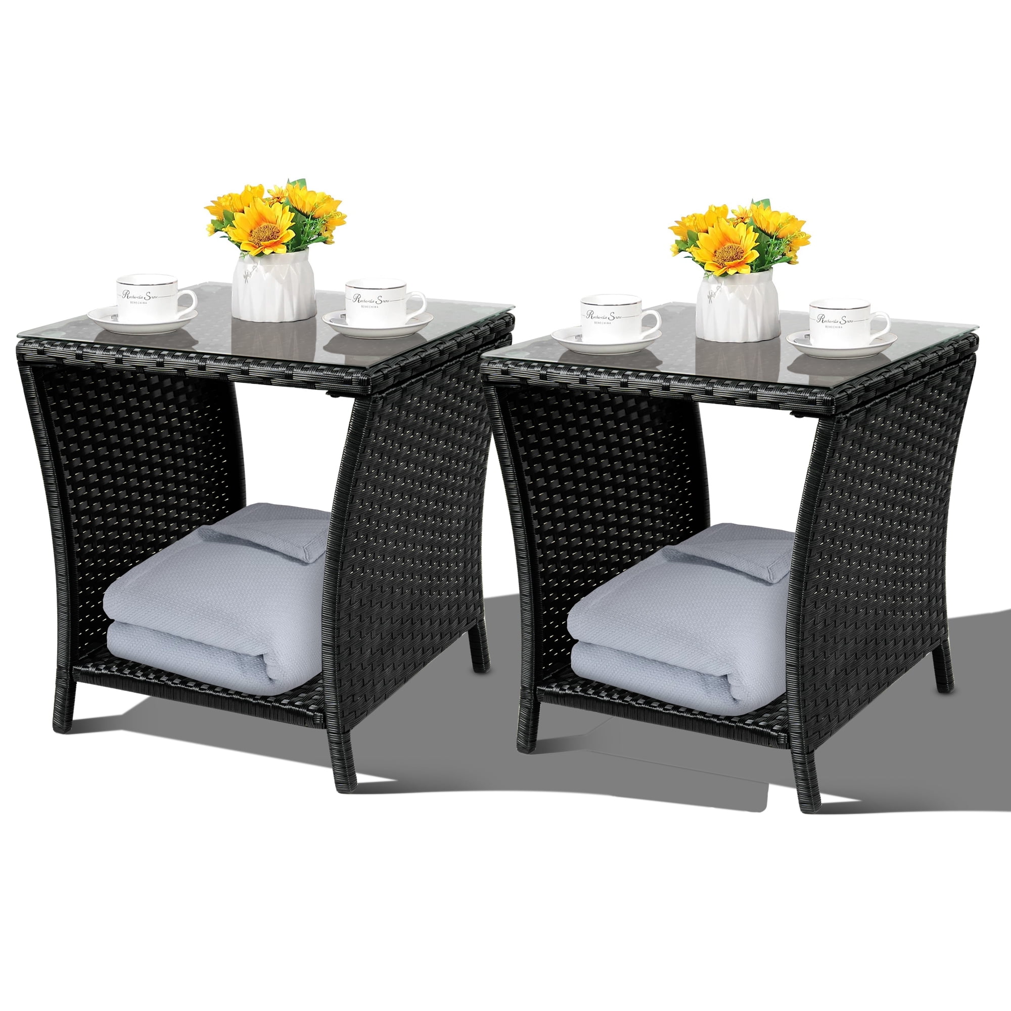 FYRICKLYLINOO Outdoor Wicker Rattan Side End Tables for Patio Set of 2 ...