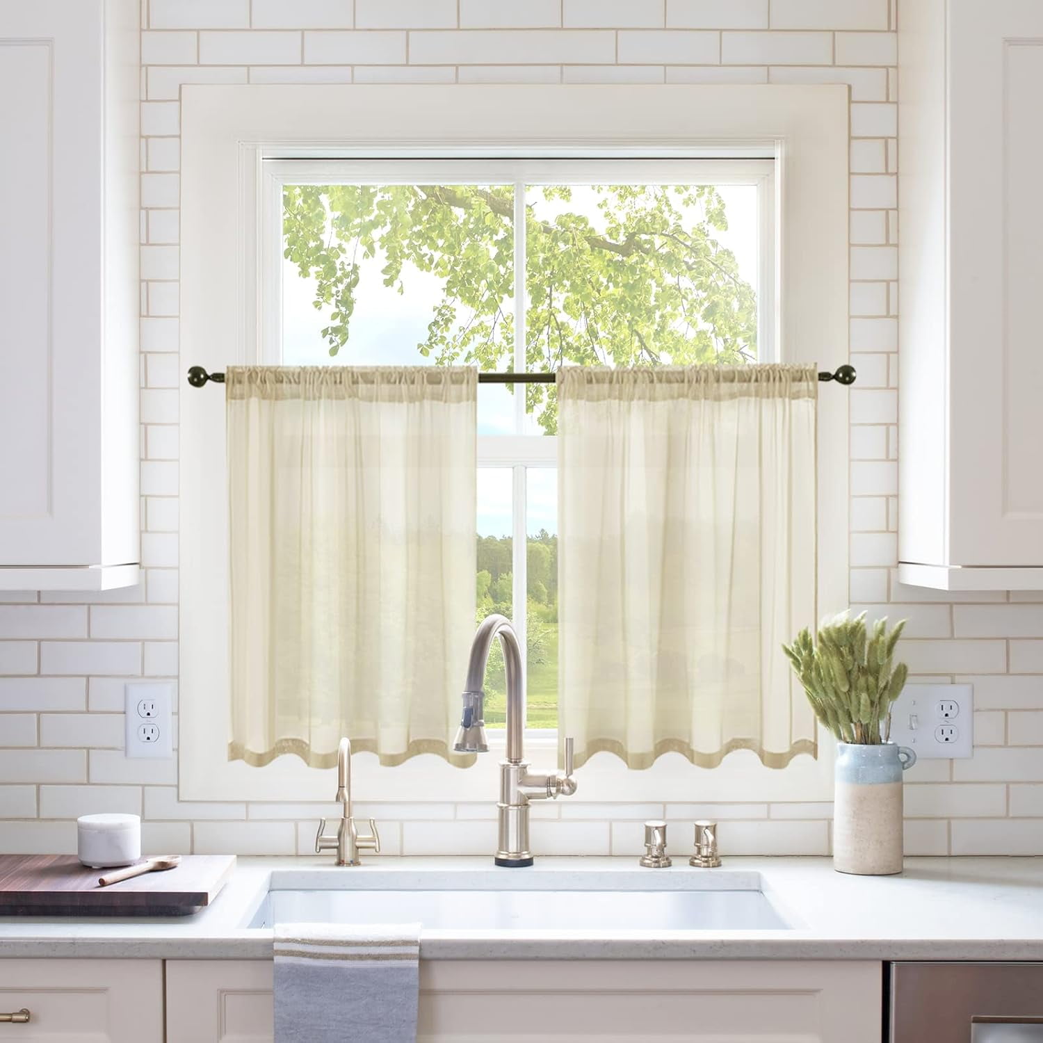 FYSGDF-2 Panels Kitchen Tiers Half Window Sheer Curtains Rod Pocket ...
