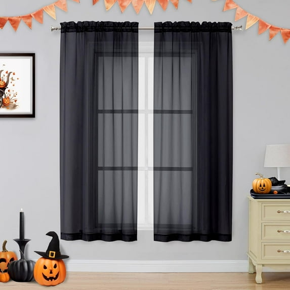FYSGDF-2 Panels Sheer Black Curtains 54 Inches Length Window Treatment ...