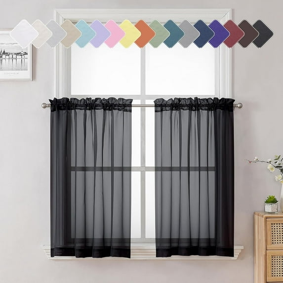 FYSGDF-36 Inch Black Curtains Sheer Tiers for Kitchen Set of 2 Pieces ...
