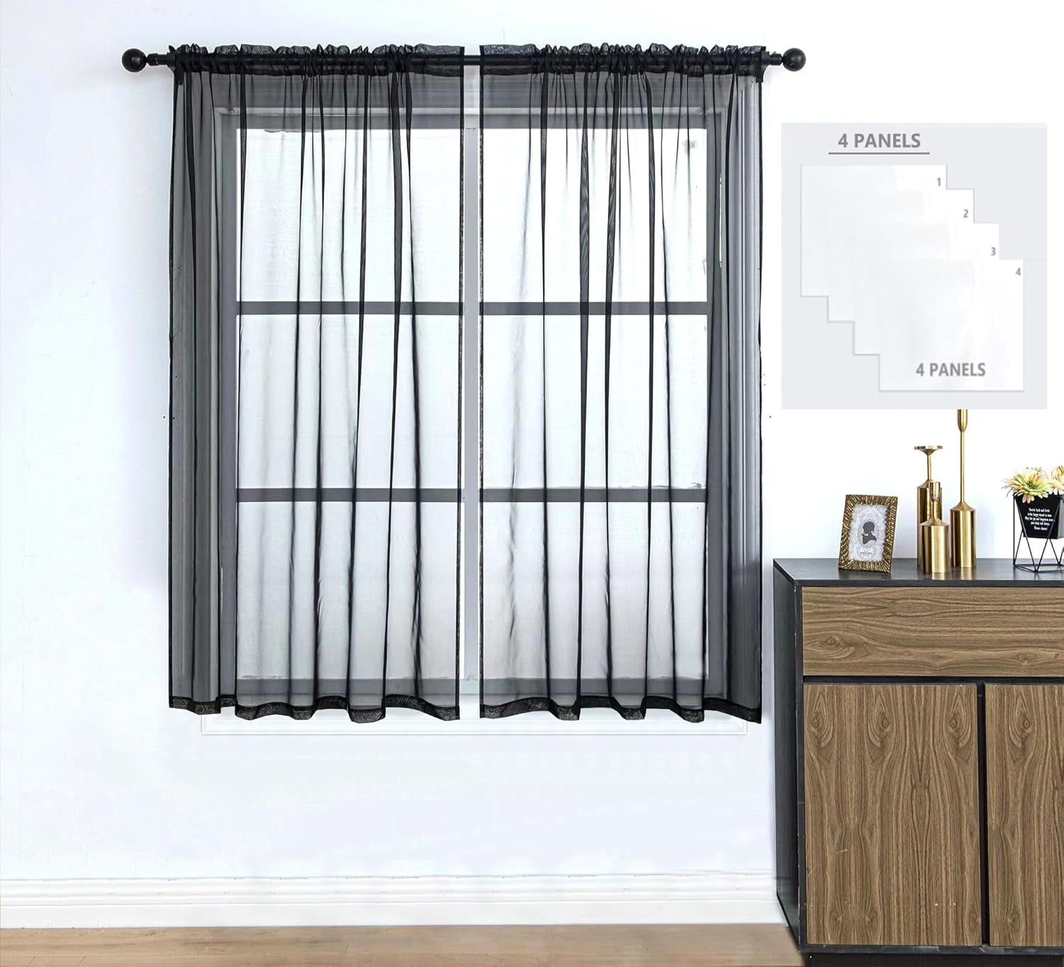 FYSGDF-4 Panels Black Sheer Curtains,Small Window Treatment Light Voile ...