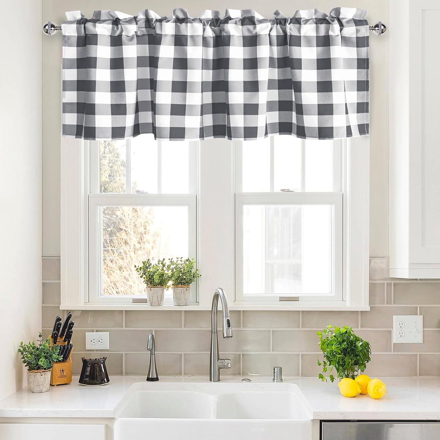 FYSGDF-Buffalo Plaid Valance for Windows - Grey and White Rod Pocket ...