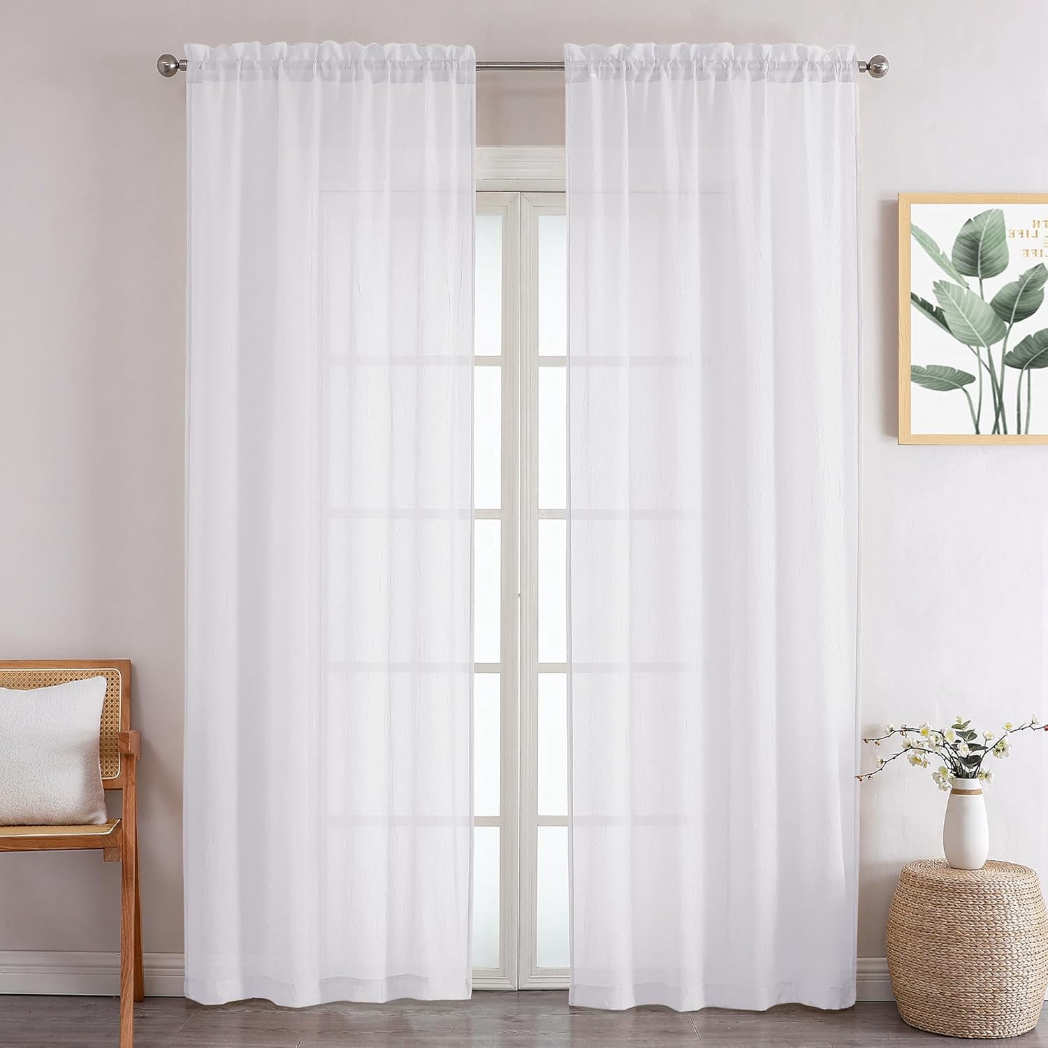 FYSGDF-Crushed Sheer White Curtains 96 Inch Length 2 Panels, Light ...